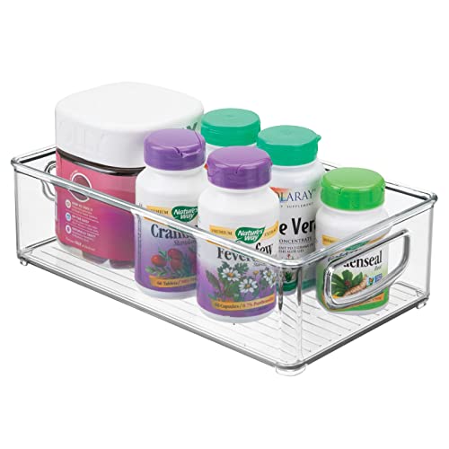 mDesign Small Plastic Bathroom Storage Container Bins with Handles for Organization in Closet, Cabinet, Vanity or Cupboard Shelf, Accessory Organizer - Ligne Collection - 4 Pack, Clear