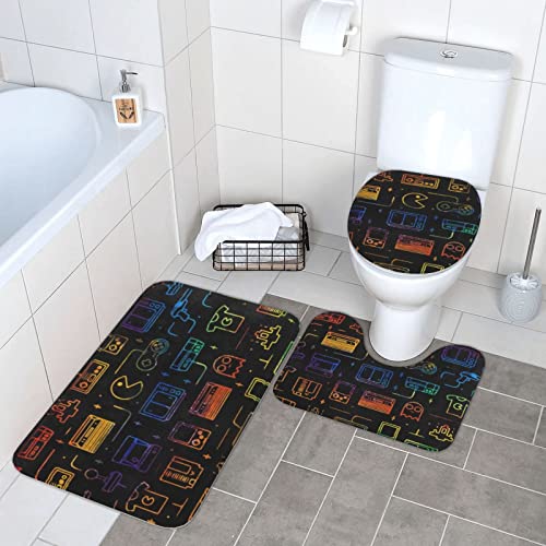 3 Pieces Bathroom Rugs Set Game Video Gaming Pattern Print 3 Pieces Bathroom Rugs Set Bath Mat+Contour+Toilet Lid Cover Bathroom Antiskid Pad