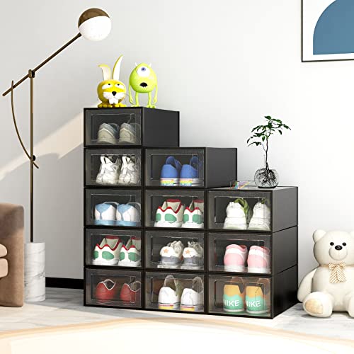 SEE SPRING Large 12 Pack Shoe Storage Box, Black Plastic Stackable Shoe Organizer for Closet, Space Saving Foldable Sneaker Containers Bins Holders Racks (Obsidian Black)