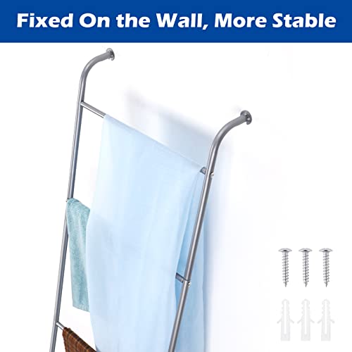 OUSHENG Towel Rack Blanket Ladder 4 Bar Wall Leaning Decorative Free Standing Towel Storage Holder Organizer for Bathroom Living Room, Silver