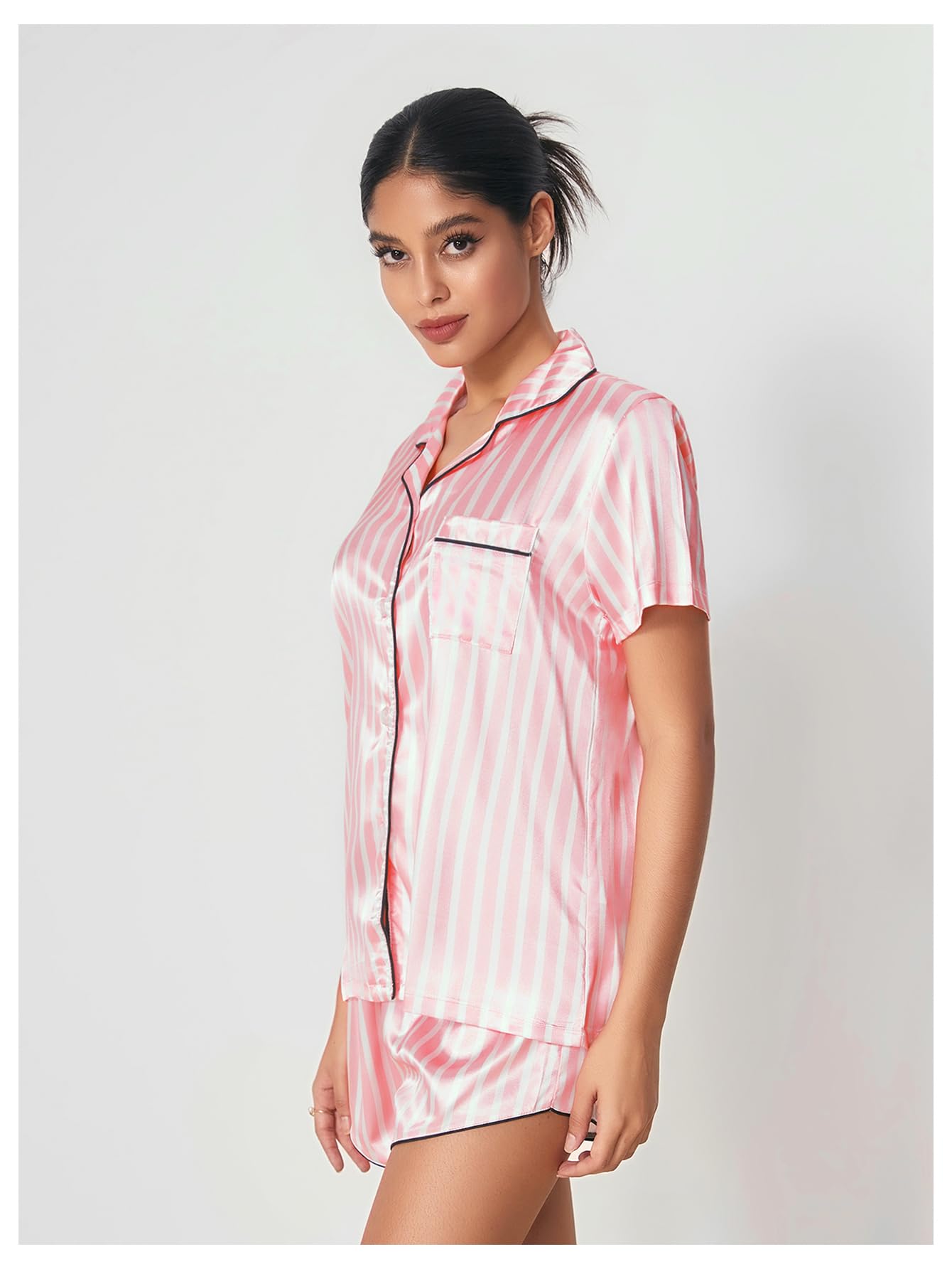 WDIRARA Women's Satin Sleepwear Short Sleeve Button Shirt and Shorts Pajama Set Silky PJ Striped Pink XL