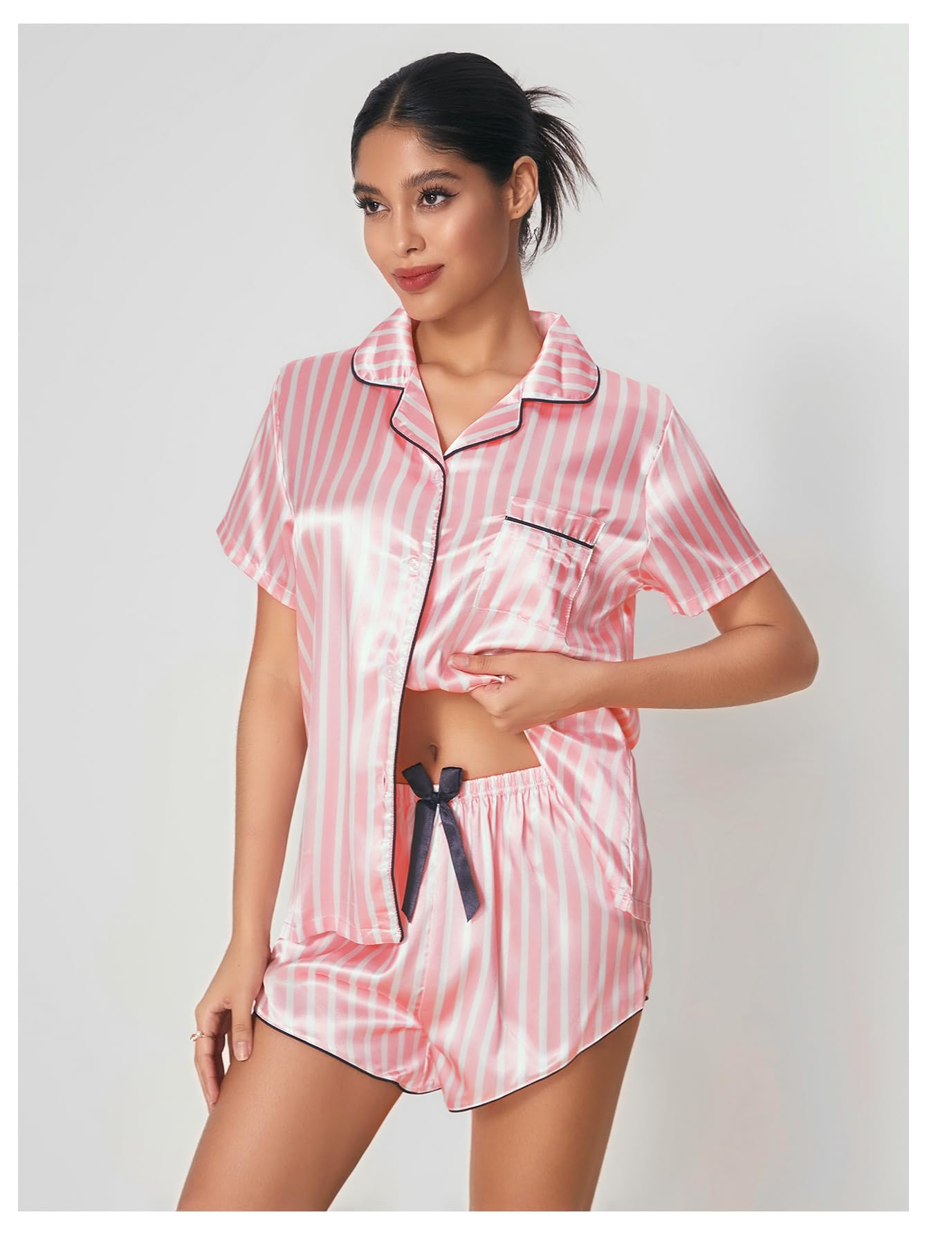 WDIRARA Women's Satin Sleepwear Short Sleeve Button Shirt and Shorts Pajama Set Silky PJ Striped Pink XL