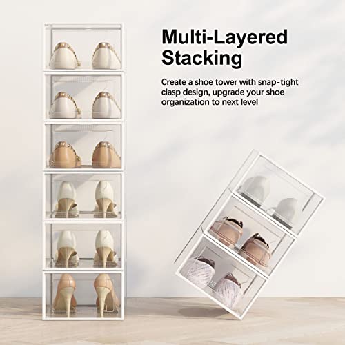 SEE SPRING Large 12 Pack Shoe Storage Box, Black Plastic Stackable Shoe Organizer for Closet, Space Saving Foldable Sneaker Containers Bins Holders Racks (Obsidian Black)
