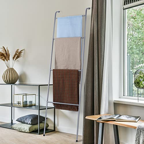 OUSHENG Towel Rack Blanket Ladder 4 Bar Wall Leaning Decorative Free Standing Towel Storage Holder Organizer for Bathroom Living Room, Silver