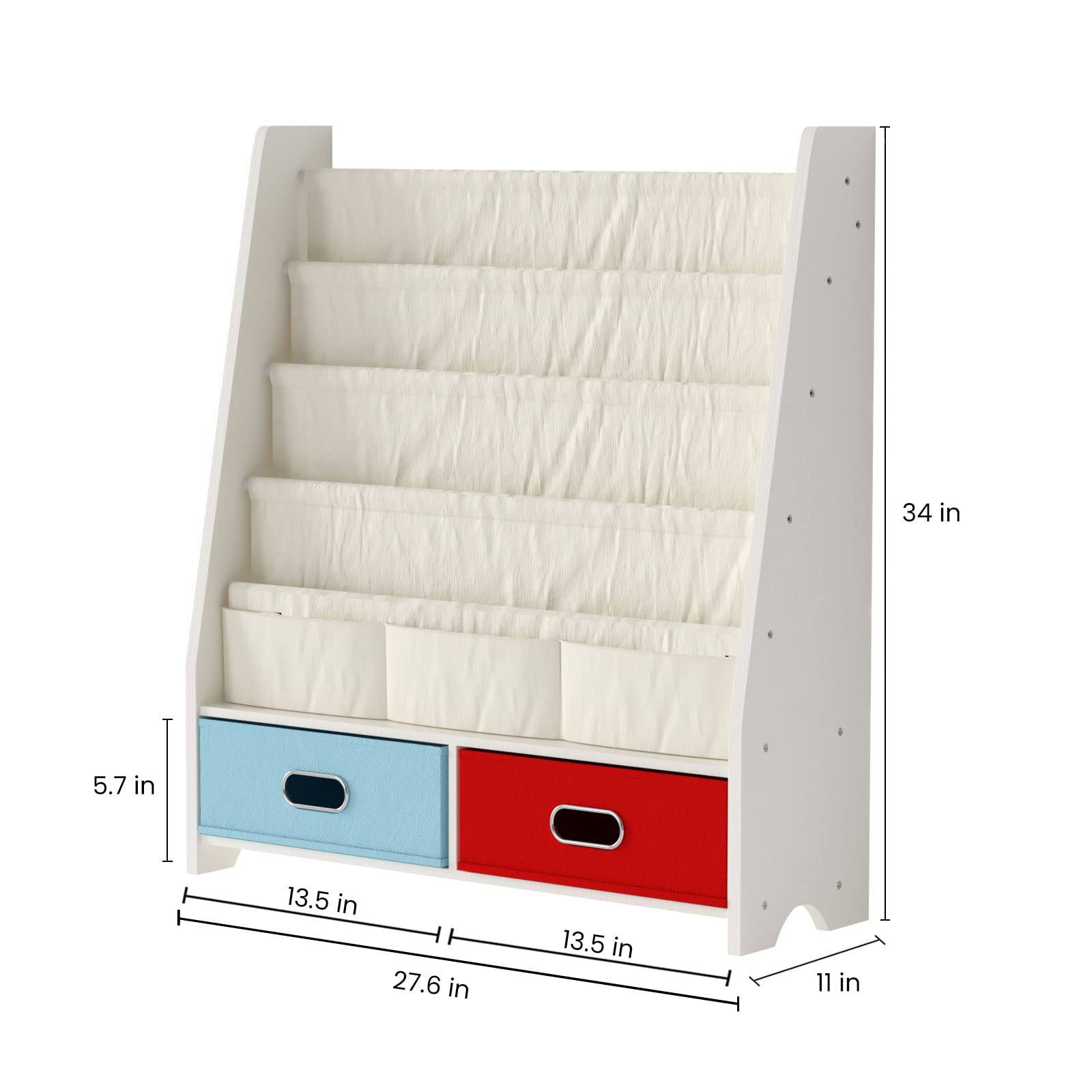 SEIRIONE Sturdy Kids Bookshelf, Children Display Rack, 4 Sling and 2 Storage Boxes for Toys Organizer, White/Wood Texture