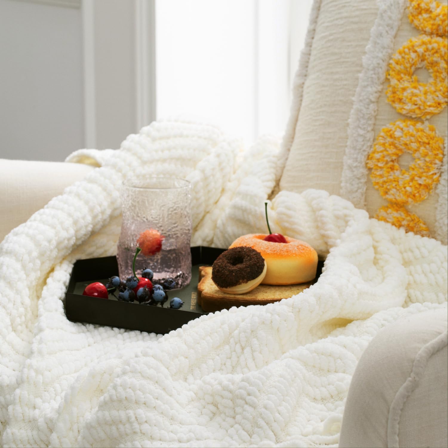 Bedsure White Throw Blankets for Couch - Textured Knit Woven Chenille Blanket - Super Soft, Warm Decorative Boho Throw with Tassels for Bed, Sofa and Living Room, Cream White, 50x60 Inches