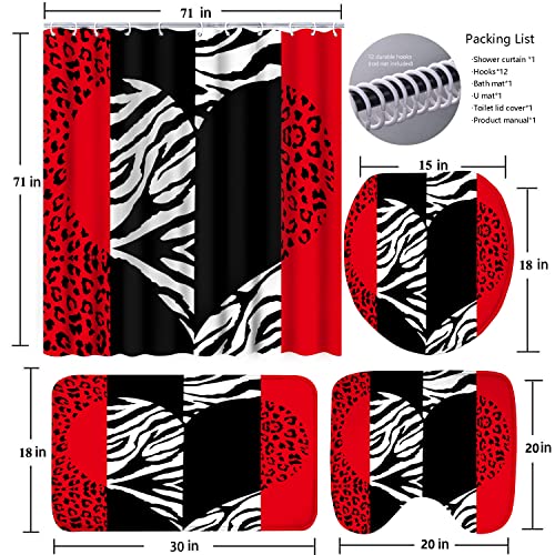 Poedist 4 Pcs Bathroom Shower Curtain Set,Red Leopard Print Shower Curtain Bright Style Shower Curtain Sets with Rugs(Bath Mat,U Shape and Toilet Lid Cover Mat) and 12 Hooks