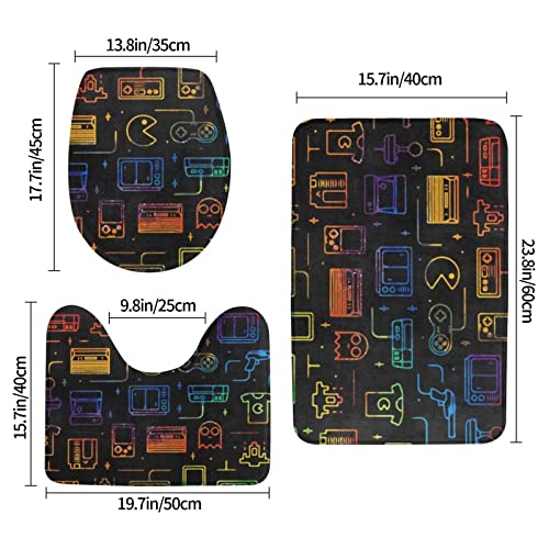 3 Pieces Bathroom Rugs Set Game Video Gaming Pattern Print 3 Pieces Bathroom Rugs Set Bath Mat+Contour+Toilet Lid Cover Bathroom Antiskid Pad