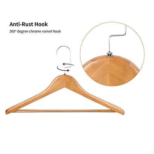 Baoz 10 Pack Solid Wooden Suit Hangers High-Grade Glossy Finish Wide Shoulder Design with Non Slip Pants Bar Swivel Hook for Sweater, Coat, Pants, Heavy Clothes