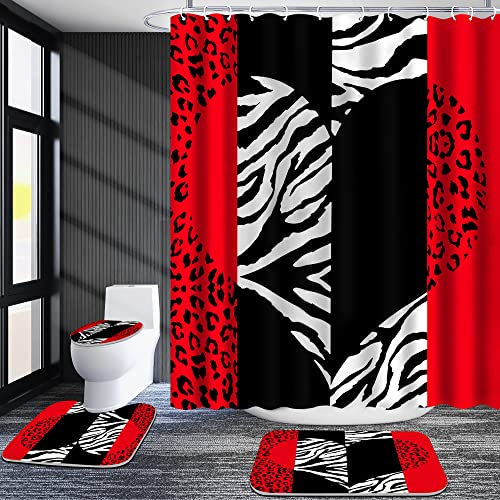 Poedist 4 Pcs Bathroom Shower Curtain Set,Red Leopard Print Shower Curtain Bright Style Shower Curtain Sets with Rugs(Bath Mat,U Shape and Toilet Lid Cover Mat) and 12 Hooks