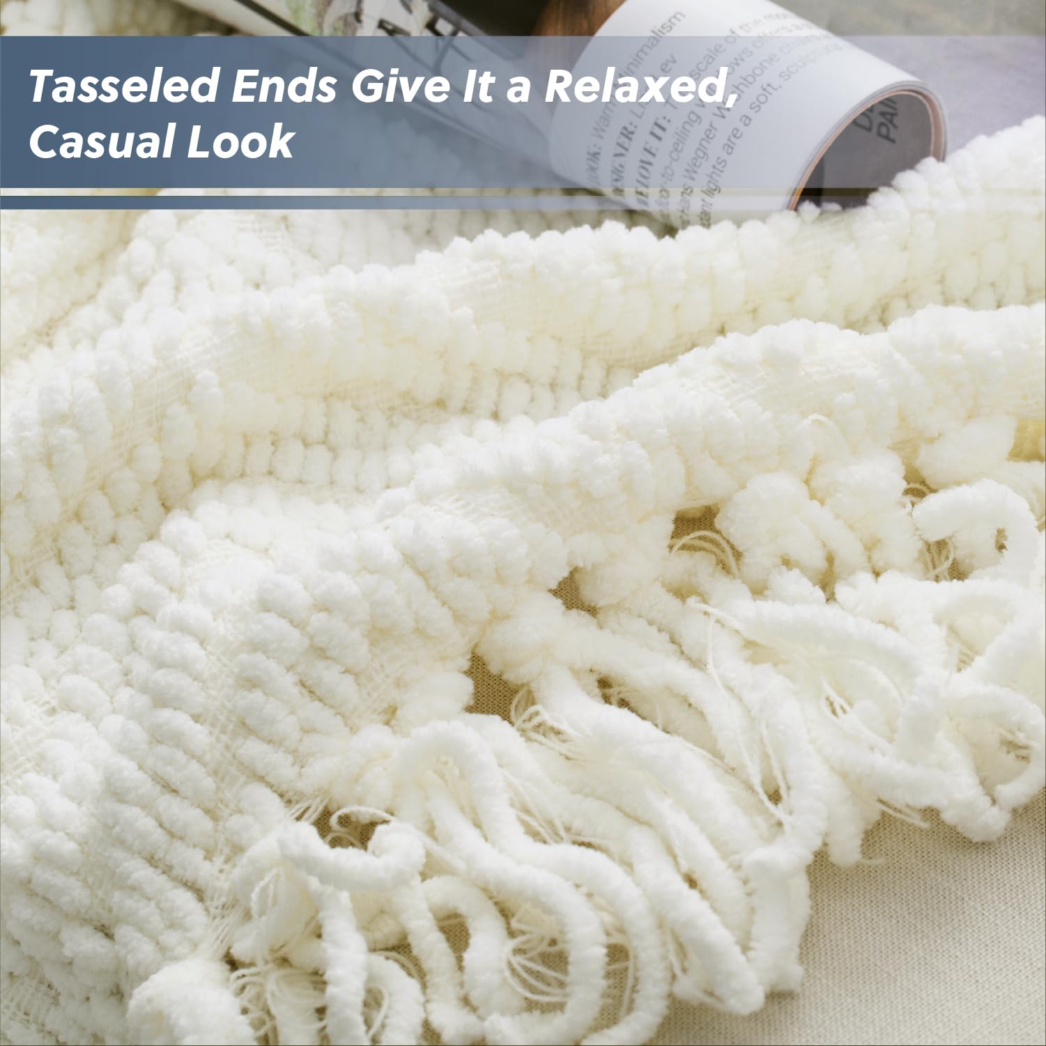 Bedsure White Throw Blankets for Couch - Textured Knit Woven Chenille Blanket - Super Soft, Warm Decorative Boho Throw with Tassels for Bed, Sofa and Living Room, Cream White, 50x60 Inches