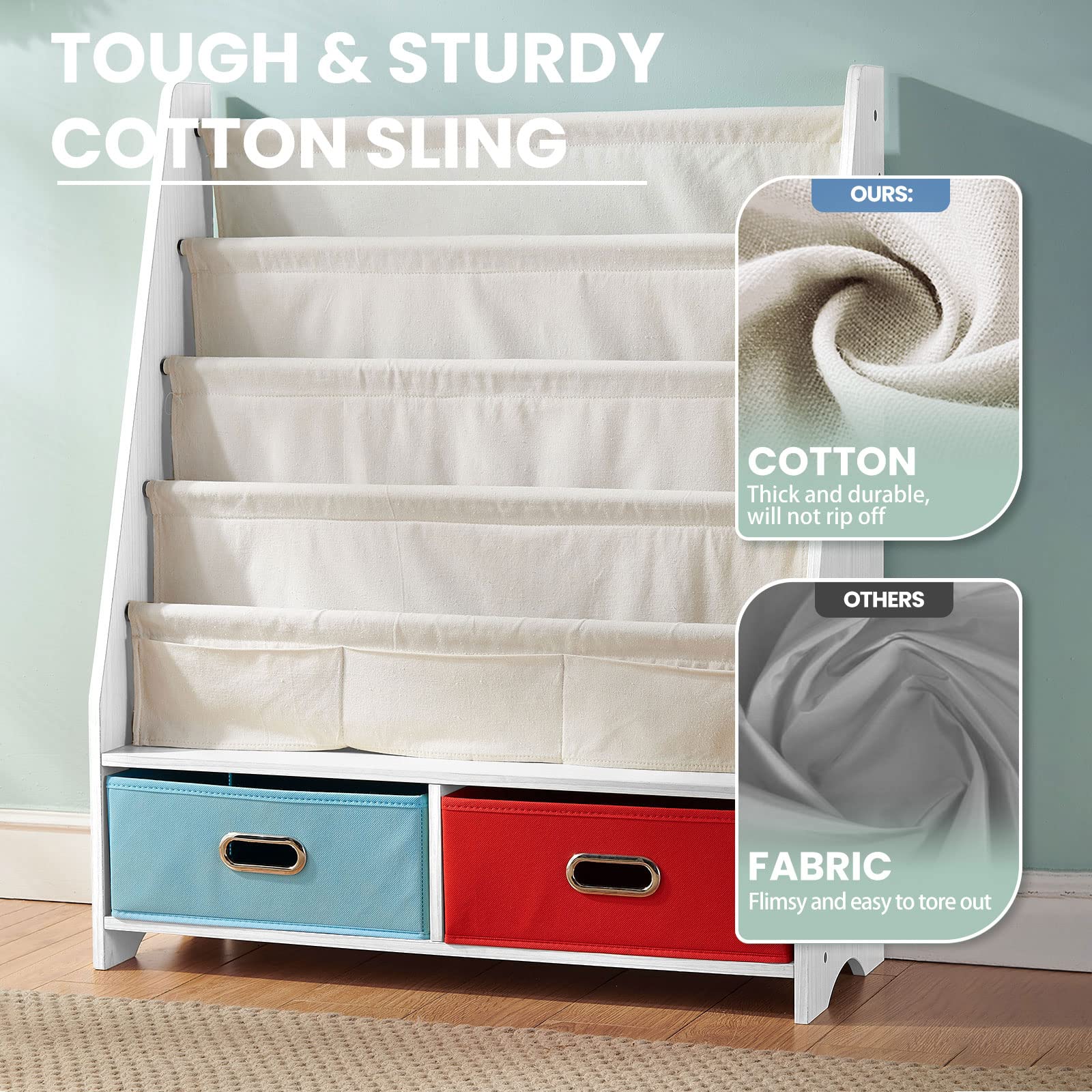 SEIRIONE Sturdy Kids Bookshelf, Children Display Rack, 4 Sling and 2 Storage Boxes for Toys Organizer, White/Wood Texture