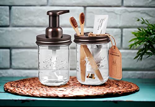 Mason Jar Bathroom Accessories Set - Includes Mason Jar Foaming Hand Soap Dispenser and Toothbrush Holder - Rustic Farmhouse Decor Apothecary Jars Bathroom Countertop and Vanity Organizer (Bronze)