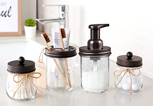 Mason Jar Bathroom Accessories Set - Includes Mason Jar Foaming Hand Soap Dispenser and Toothbrush Holder - Rustic Farmhouse Decor Apothecary Jars Bathroom Countertop and Vanity Organizer (Bronze)