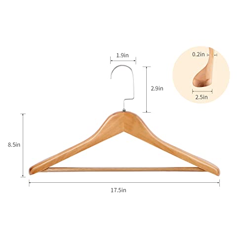 Baoz 10 Pack Solid Wooden Suit Hangers High-Grade Glossy Finish Wide Shoulder Design with Non Slip Pants Bar Swivel Hook for Sweater, Coat, Pants, Heavy Clothes
