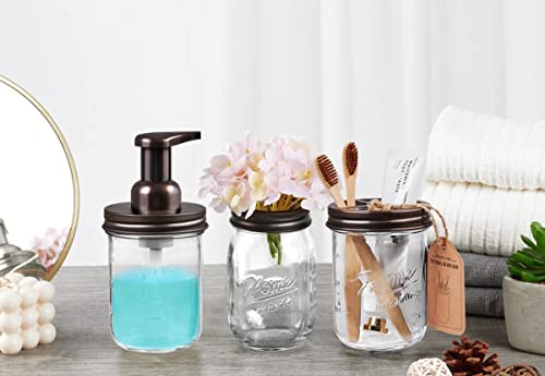 Mason Jar Bathroom Accessories Set - Includes Mason Jar Foaming Hand Soap Dispenser and Toothbrush Holder - Rustic Farmhouse Decor Apothecary Jars Bathroom Countertop and Vanity Organizer (Bronze)
