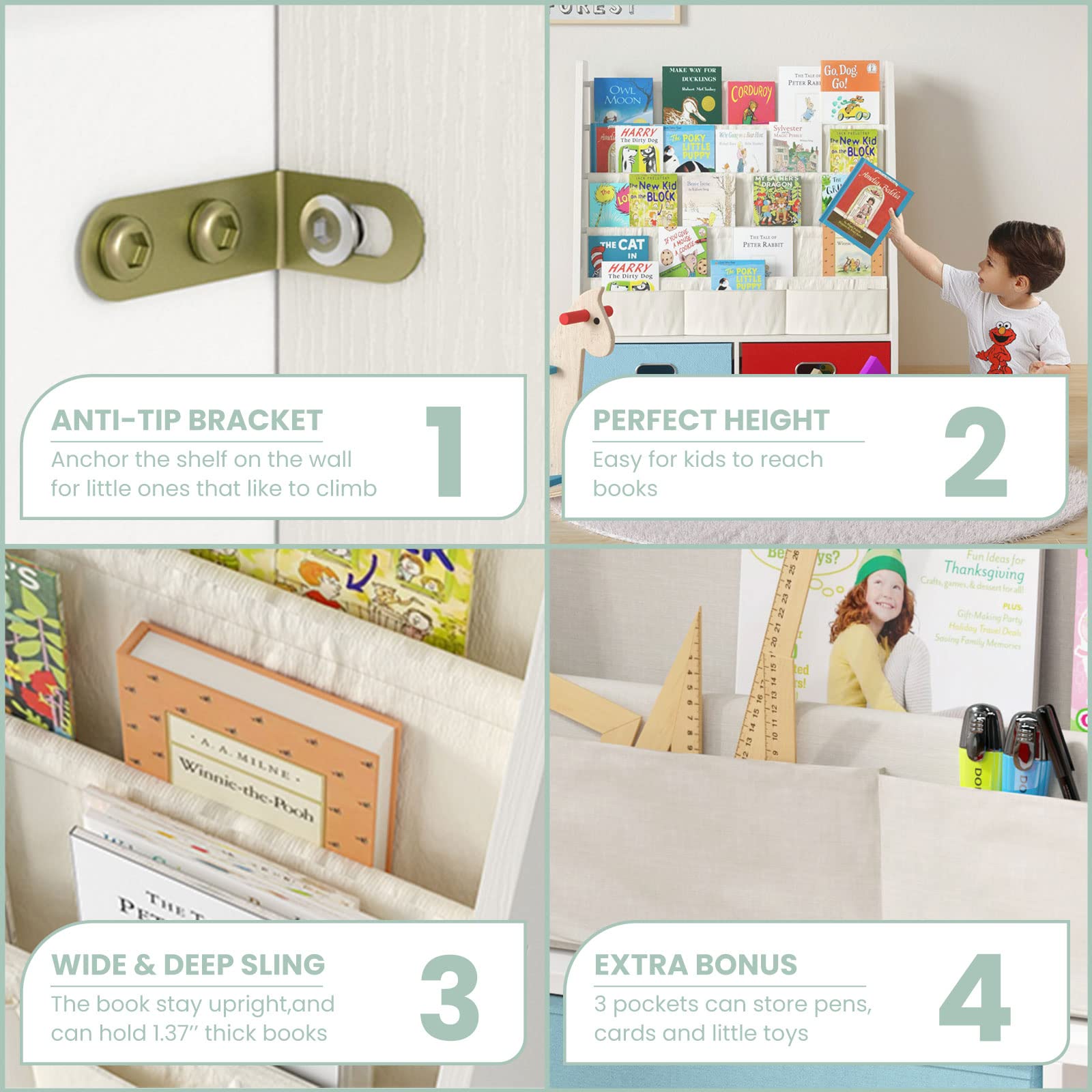 SEIRIONE Sturdy Kids Bookshelf, Children Display Rack, 4 Sling and 2 Storage Boxes for Toys Organizer, White/Wood Texture