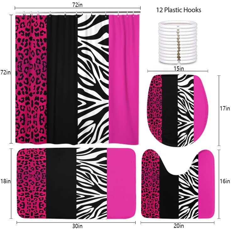 LOKMU 4 Pcs Shower Curtain Sets with Non-Slip Rugs,Toilet Lid Cover and Bath Mat,Pink Leopard Print Waterproof Shower Curtain with 12 Hooks, Bathroom Decor Sets, 72"x 72"