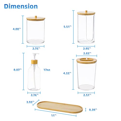 VITVITI 7Pcs Bathroom Accessories, Mouthwash Lotion Soap Dispenser, Qtip/Cup/Toothbrush Holder, Plastic Bathroom Accessory Set with Bamboo Tray Lid, Clear