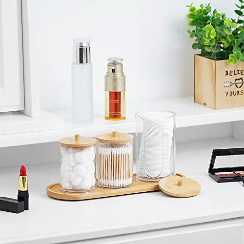 VITVITI 7Pcs Bathroom Accessories, Mouthwash Lotion Soap Dispenser, Qtip/Cup/Toothbrush Holder, Plastic Bathroom Accessory Set with Bamboo Tray Lid, Clear