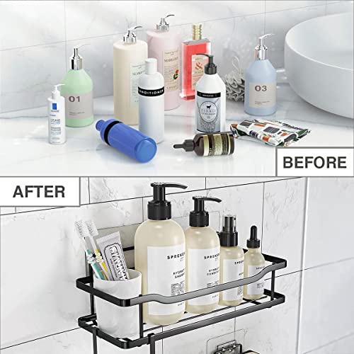 Bathroom Organizer Shelf Shower Caddy,No Drilling Adhesive Shelves Rustproof Sus304 Stainless Steel For Storage Organization,2 Pack With 4 Hooks,Matte Black Rack, SH-02