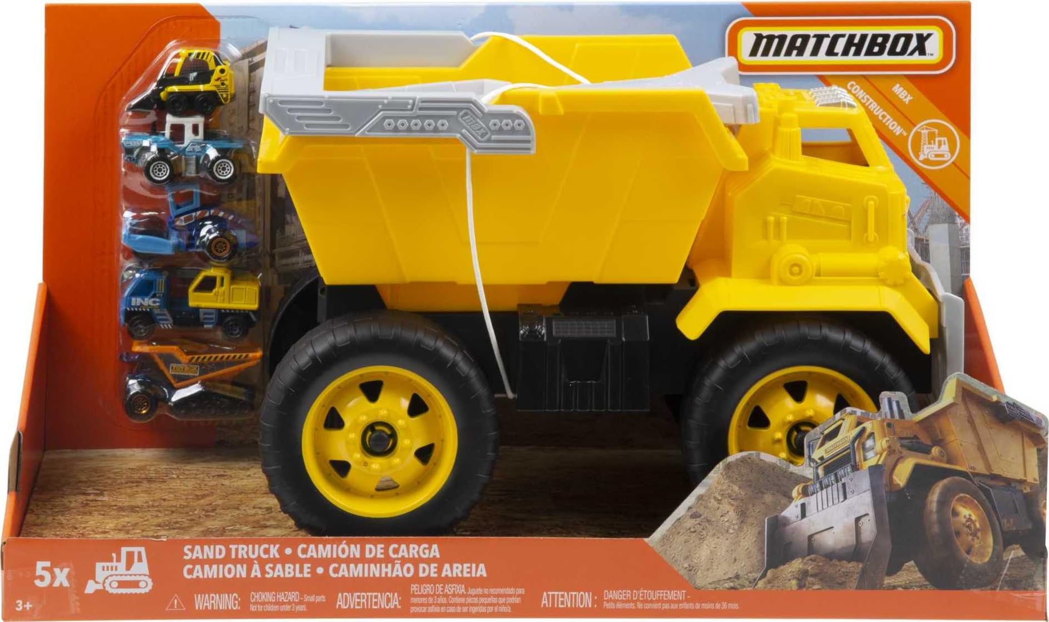 Matchbox Large-Scale Sand Truck with 5 Die-Cast Toy Construction Vehicles in 1:64 Scale, Indoor & Outdoor Play Multicolor