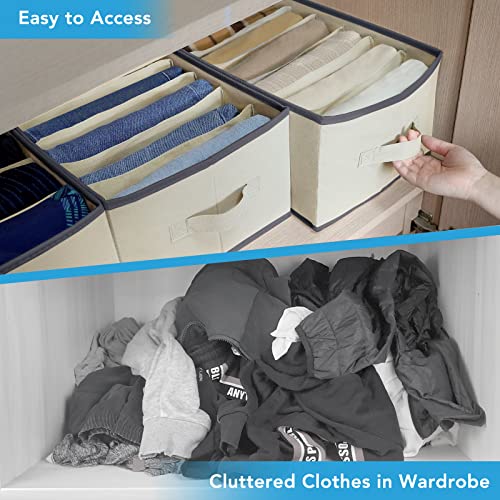 Baesyhom 6 Pcs Large Size Wardrobe Clothes Organizers 6 Grids for Pants, Jeans, Sweater, T-shirt, Thin Coat, Dress Stackable Closet Drawer Organizer Storage Bin with Sturdy Handles, Grey & Beige