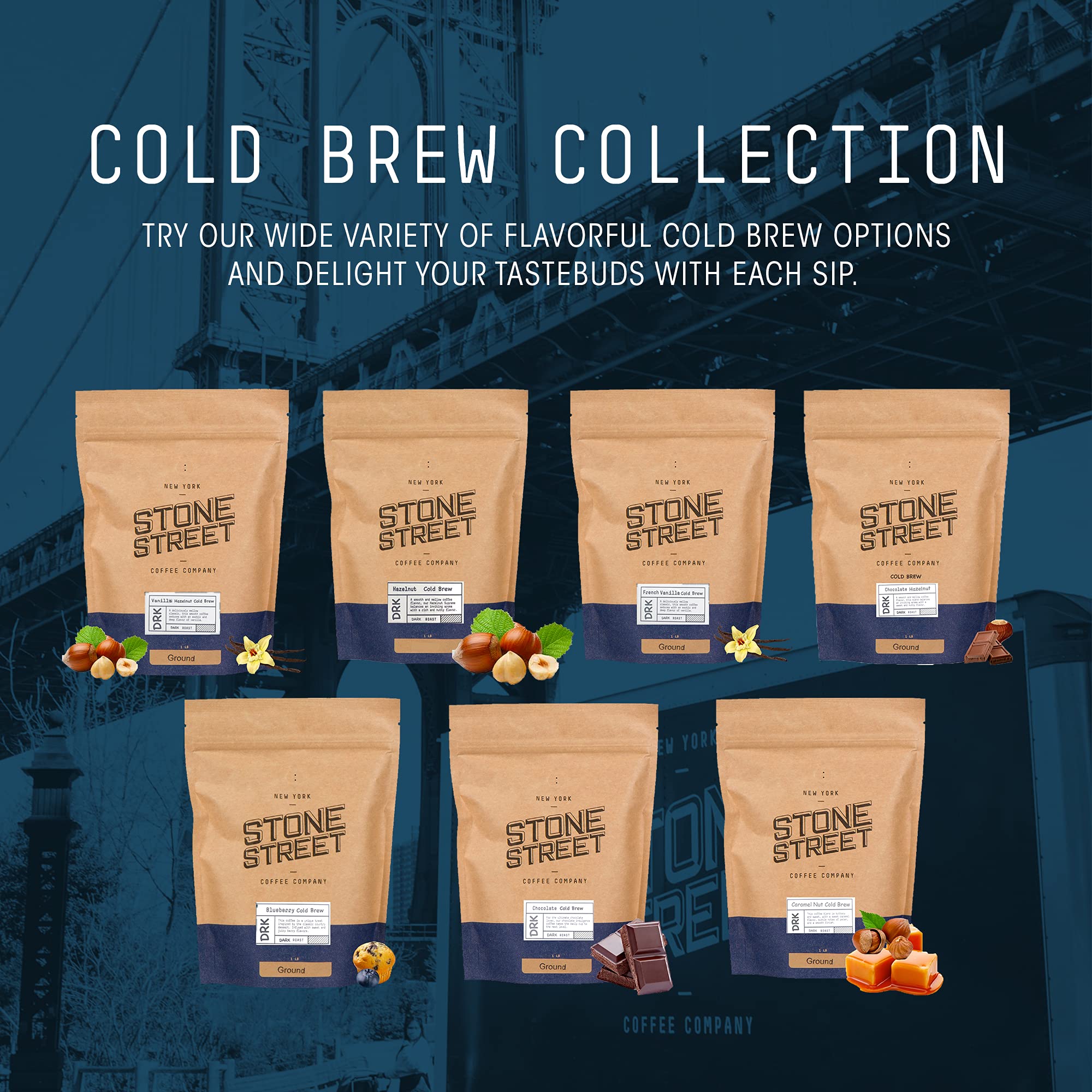Stone Street Cold Brew Flavored Coffee, Natural Vanilla Hazelnut Flavor, Low Acid, 100% Colombian, Gourmet Coffee, Coarse Ground, Dark Roast, 1 LB