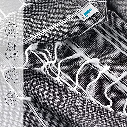 WETCAT Bundle: Turkish Hand Towels (20 x 30, Set of 2) and Turkish Bath Towel (38 x 71) - 100% Cotton, Prewashed for Soft Feel - Black and White Hand Towels & Black Bathroom Towels