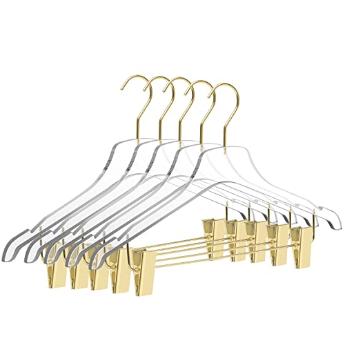 Quality Lucite Acrylic Clear Skirt Pants Trousers Bottom Hangers 5-Pack, with Adjustable Metal Clips, Made of Clear Acrylic for a Luxurious Look and Feel with Swivel Hook (Matte Gold, 5)