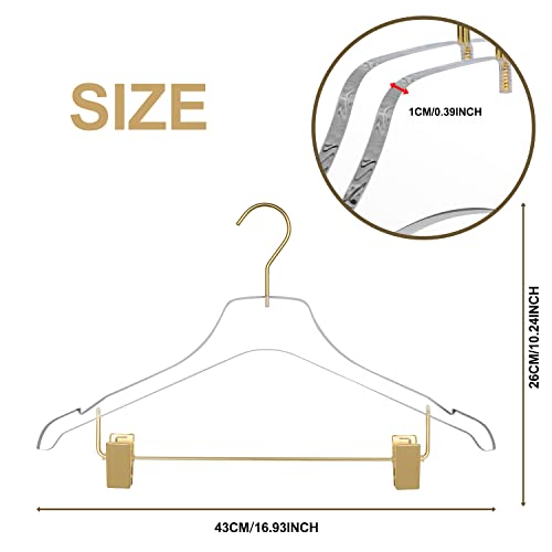 Quality Lucite Acrylic Clear Skirt Pants Trousers Bottom Hangers 5-Pack, with Adjustable Metal Clips, Made of Clear Acrylic for a Luxurious Look and Feel with Swivel Hook (Matte Gold, 5)