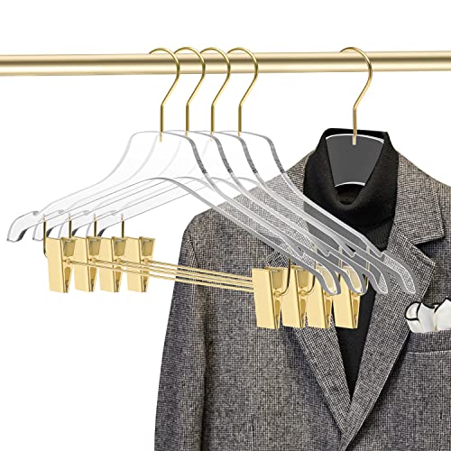 Quality Lucite Acrylic Clear Skirt Pants Trousers Bottom Hangers 5-Pack, with Adjustable Metal Clips, Made of Clear Acrylic for a Luxurious Look and Feel with Swivel Hook (Matte Gold, 5)
