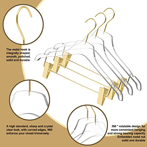 Quality Lucite Acrylic Clear Skirt Pants Trousers Bottom Hangers 5-Pack, with Adjustable Metal Clips, Made of Clear Acrylic for a Luxurious Look and Feel with Swivel Hook (Matte Gold, 5)