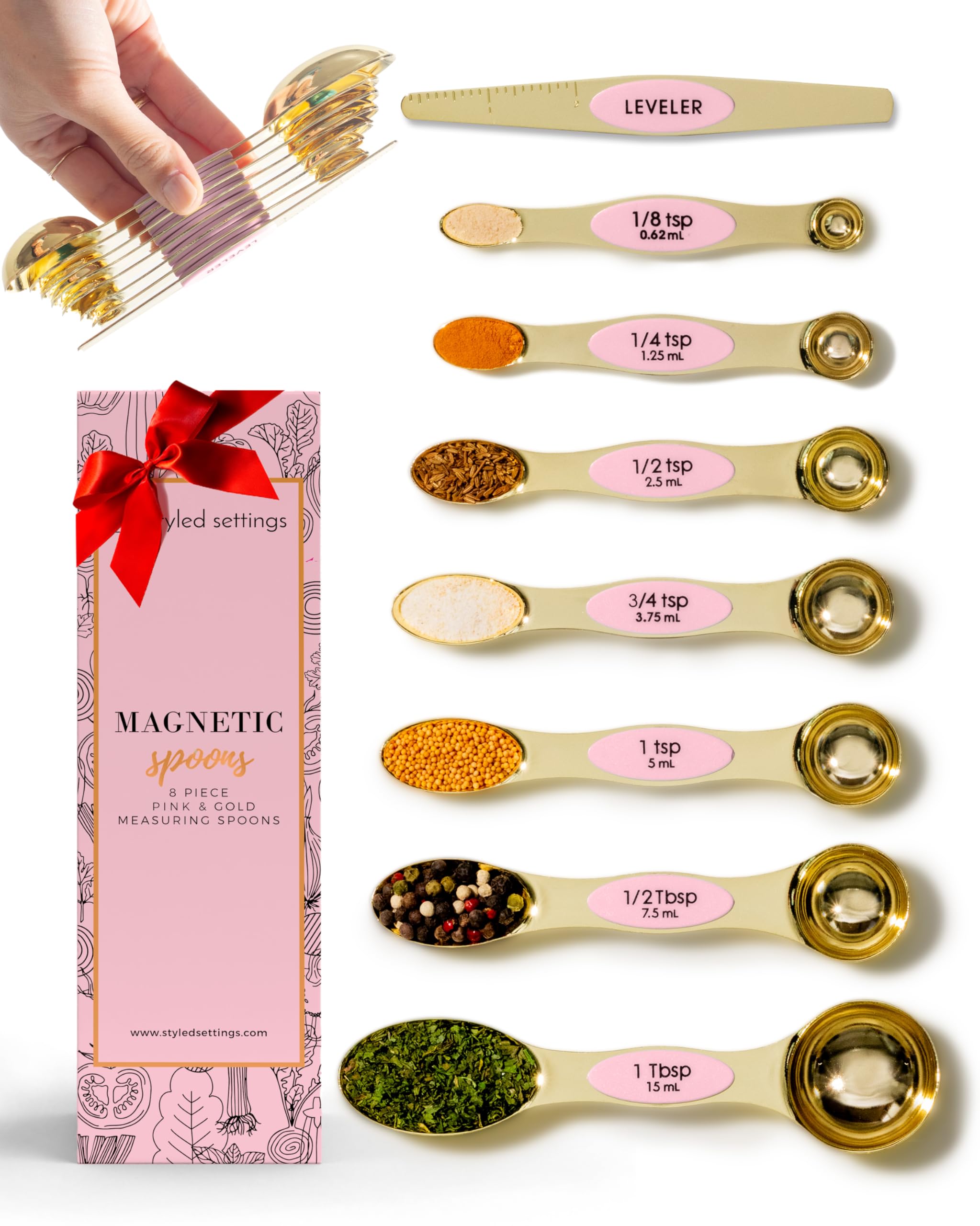 Pink Magnetic Measuring Spoons Set - 8-Piece Dual-Sided Stainless Steel Spoons, Stackable and Spice Jar Friendly – Stylish Pink Kitchen Accessories for Cooking and Baking