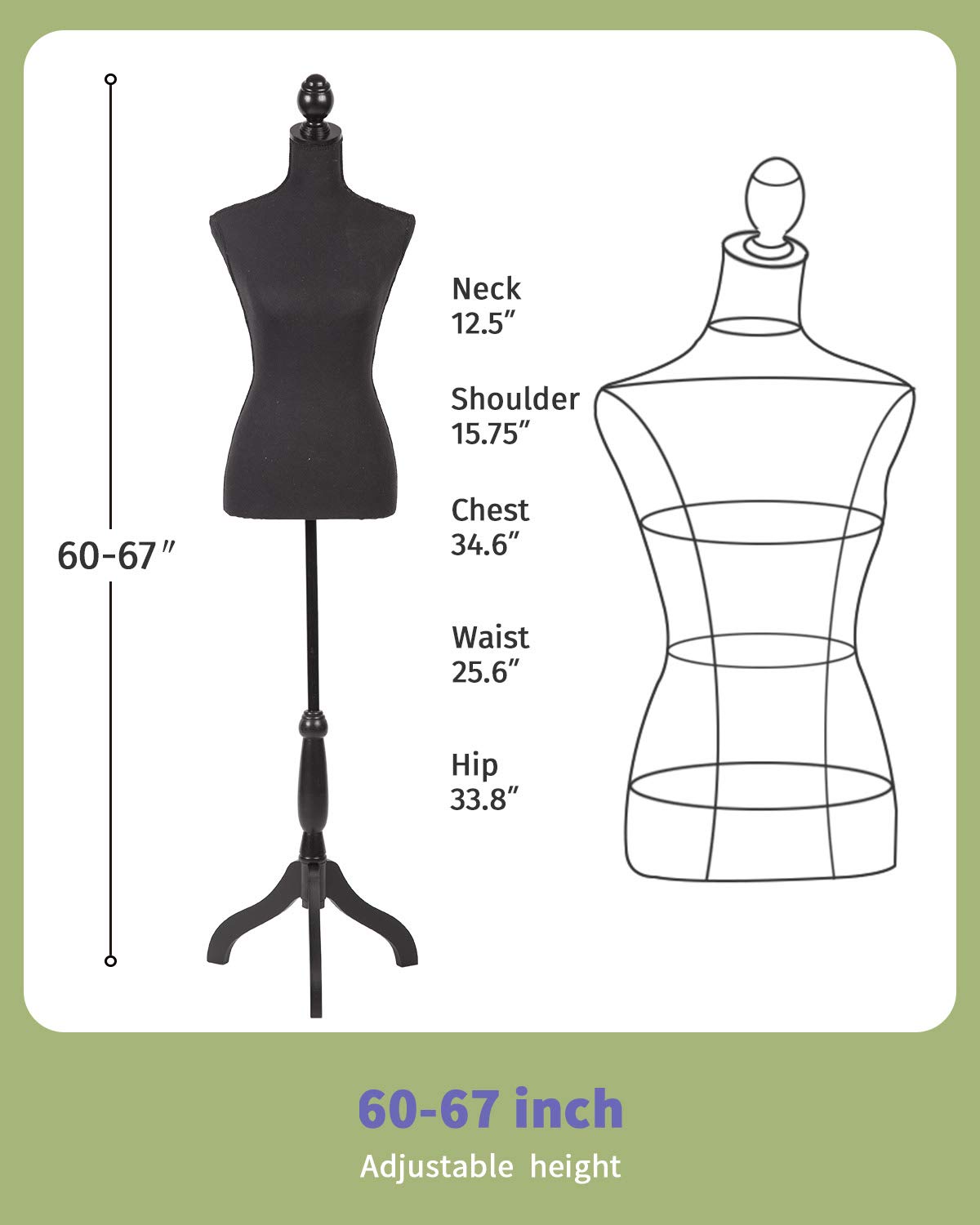 Mannequin Torso Manikin Dress Form 59-67 Inch Height Adjustable Female Dress Model Display Torso Body Tripod Stand Clothing Forms (Black, 59-67 Inches)
