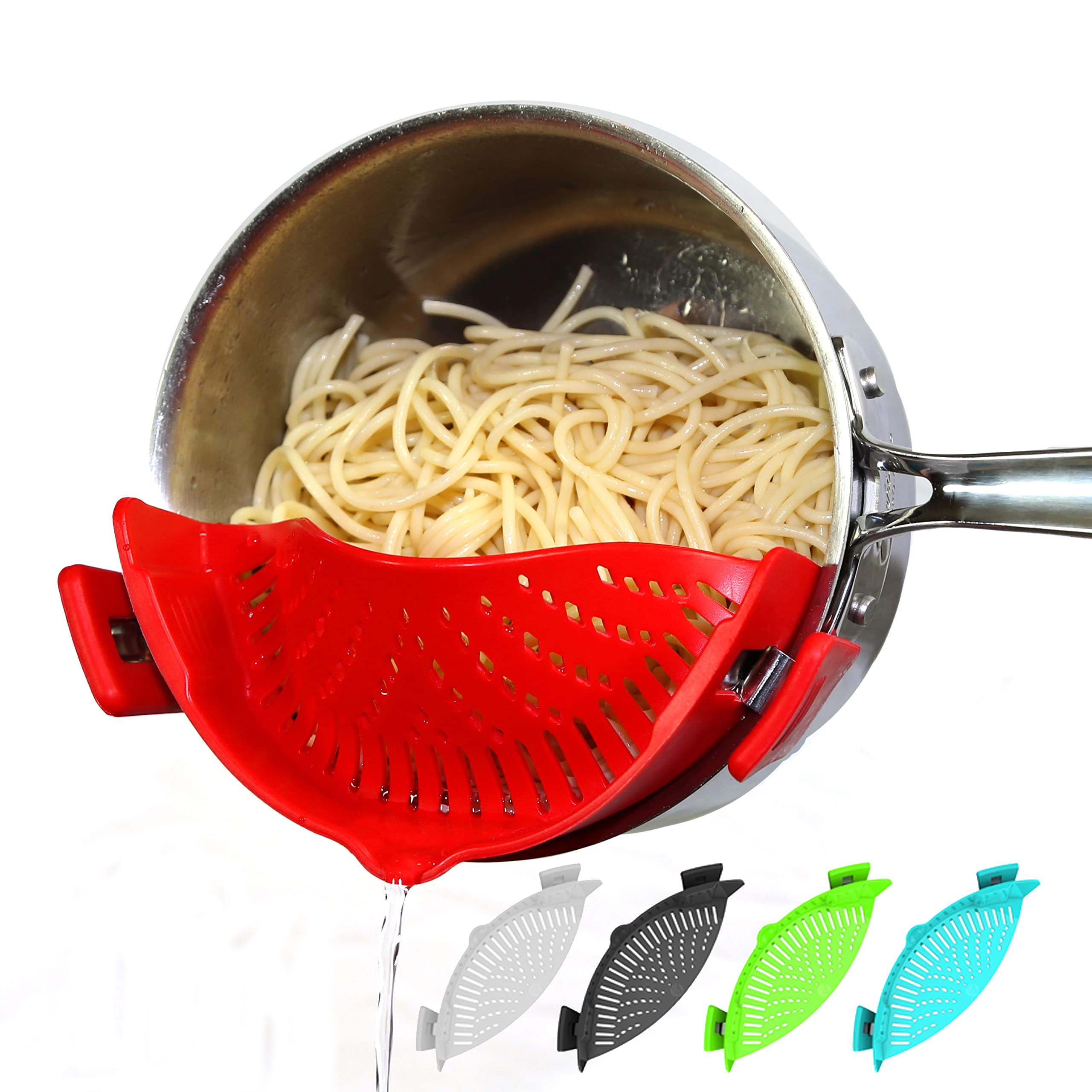Arlig Clip On Pasta Strainer Silicone Universal Fit for all Pots and Bowls Snap On Drainer for Meat, Vegetables, Fruit Colander for Kitchen Easily Drain Food Space Saving