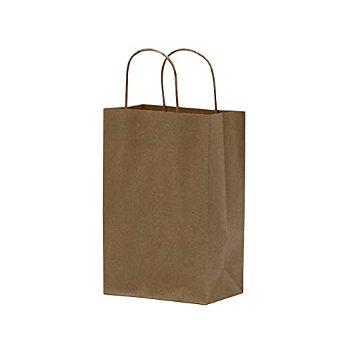 Prime Line Packaging Mini Brown Gift Bags with Handles, Kraft Paper for Small Business, Boutique, Retail, Thank you, Party, Take Out - 6x3x9, 100 Pack