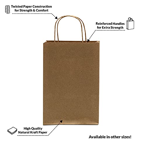 Prime Line Packaging Mini Brown Gift Bags with Handles, Kraft Paper for Small Business, Boutique, Retail, Thank you, Party, Take Out - 6x3x9, 100 Pack