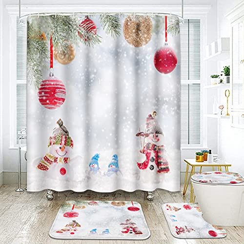 Emvency 4Pcs Christmas Snowman Shower Curtain Sets with Non-Slip Rugs Toilet Lid Cover and Bath Mat,Celebration Theme Xmas Balls Pendant Waterproof Curtain for Shower Window Decor 72" x 72"