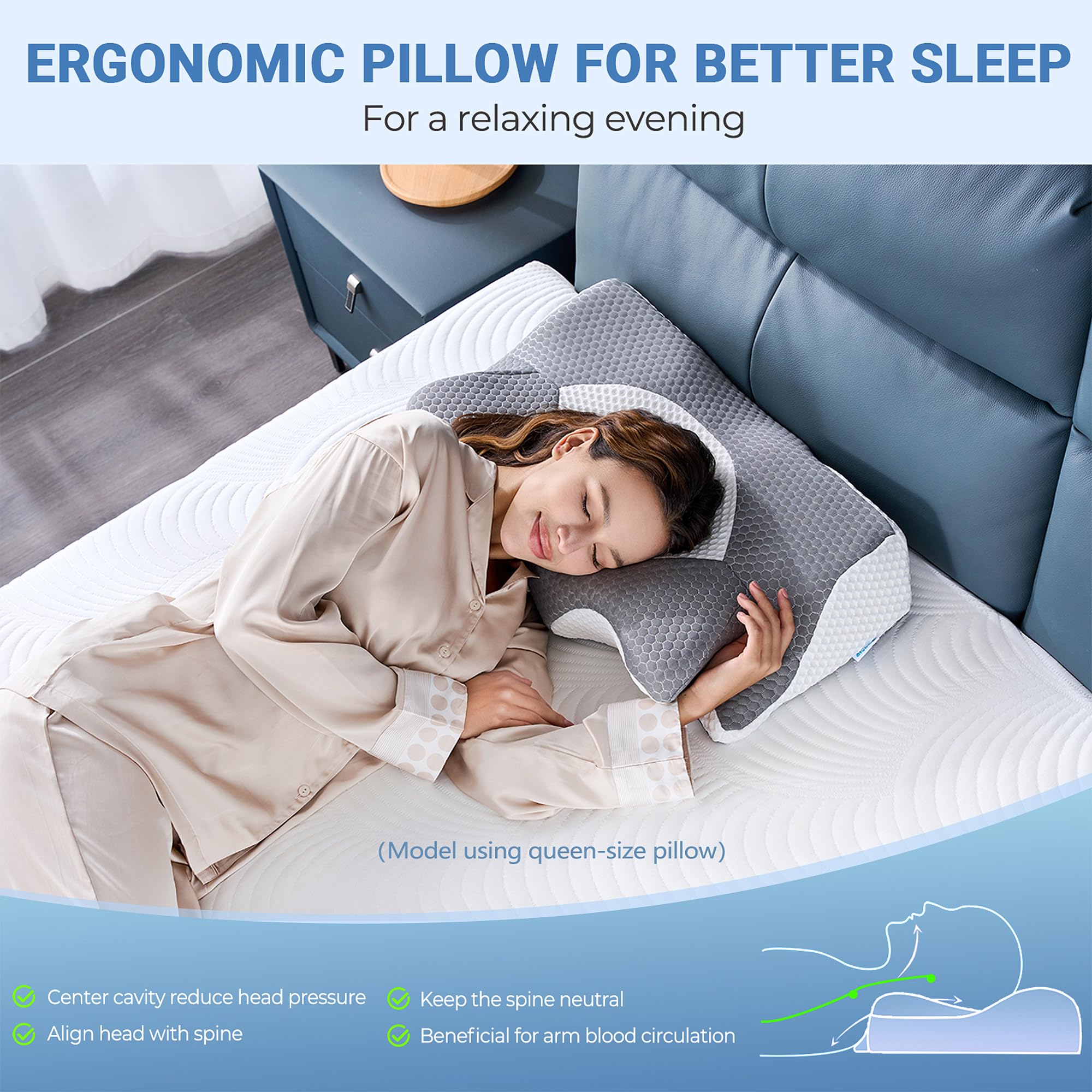 Elviros Cervical Memory Foam Pillows for Neck and Shoulder Pain, Ergonomic Orthopedic Sleeping Support Pillow for Side Sleepers, Back and Stomach Sleepers (Dark Grey)