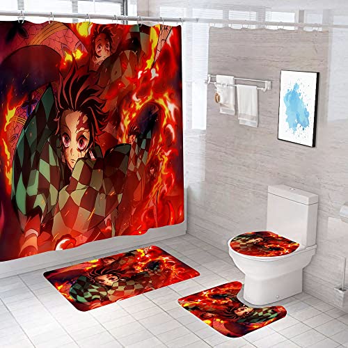 4 Piece Anime Shower Curtain Set with Non-Slip Rug, Toilet Lid Cover, Bath Mat and 12 Hooks, Waterproof Shower Curtain Set for Bathroom