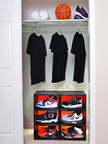 ShoeBaks 3 Pack Shoe Display Case Stackable Shoe Box and Storage Container Organizer for Shoes Sneakers and Boots Clear Transparent Magnetic Door Black and Red