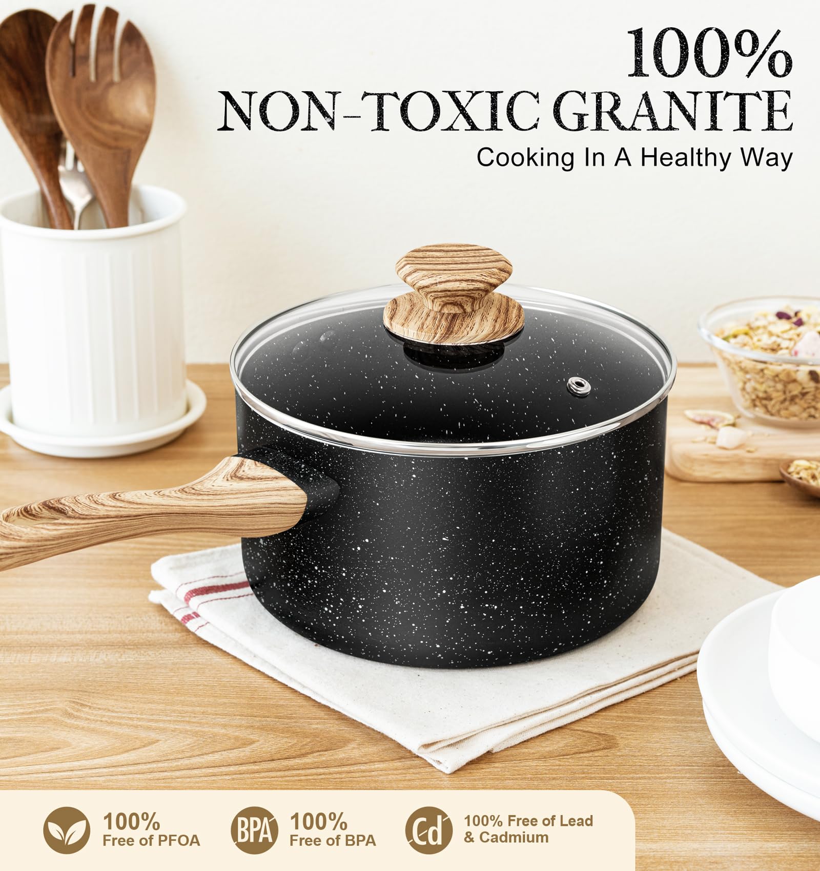 MICHELANGELO 2 Quart Saucepan with Lid,Nonstick Sauce Pan with Lid, Small Pot with Lid, Stone Coating Small Sauce Pan, Ergonomic Bakelite Handle, Black
