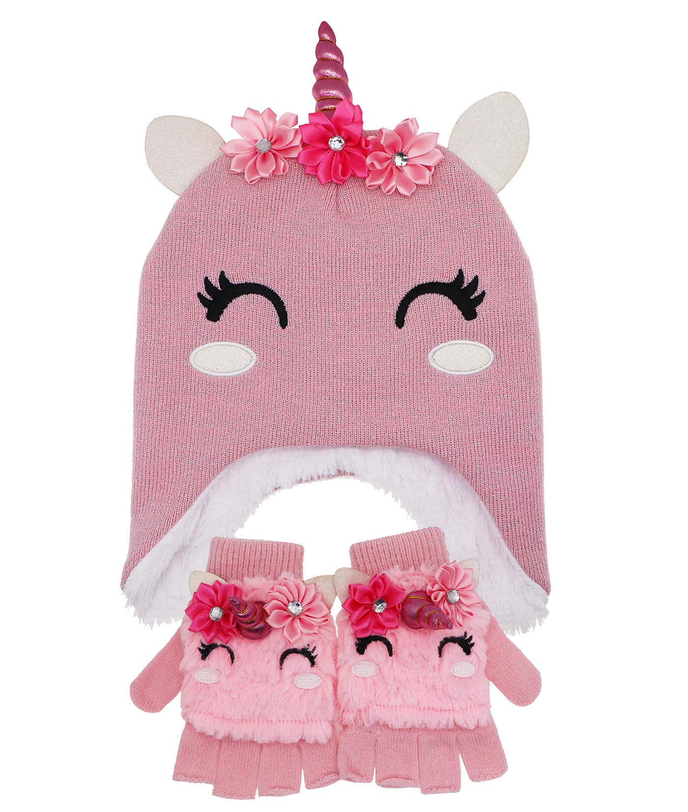 Little Girls Winter Unicorn Beanie Hat and Gloves Set Kids Knitted Earflap Cap Flip Top Mitten Set