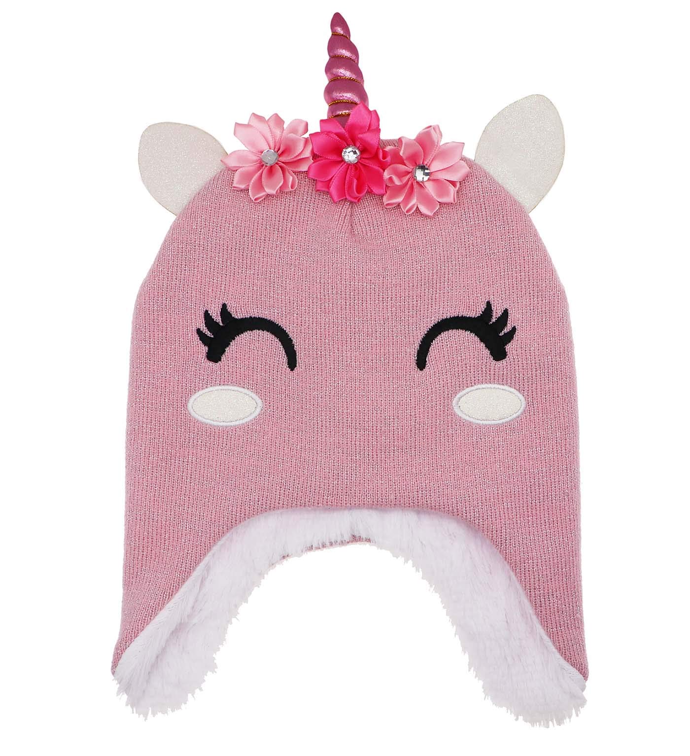 Little Girls Winter Unicorn Beanie Hat and Gloves Set Kids Knitted Earflap Cap Flip Top Mitten Set