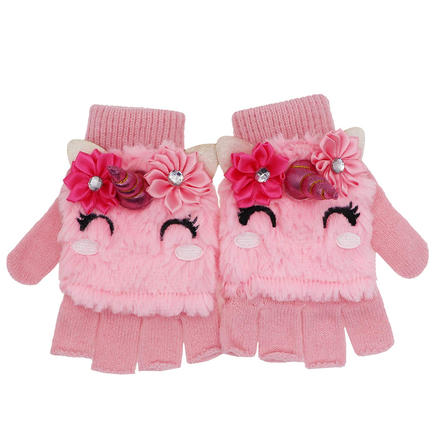 Little Girls Winter Unicorn Beanie Hat and Gloves Set Kids Knitted Earflap Cap Flip Top Mitten Set