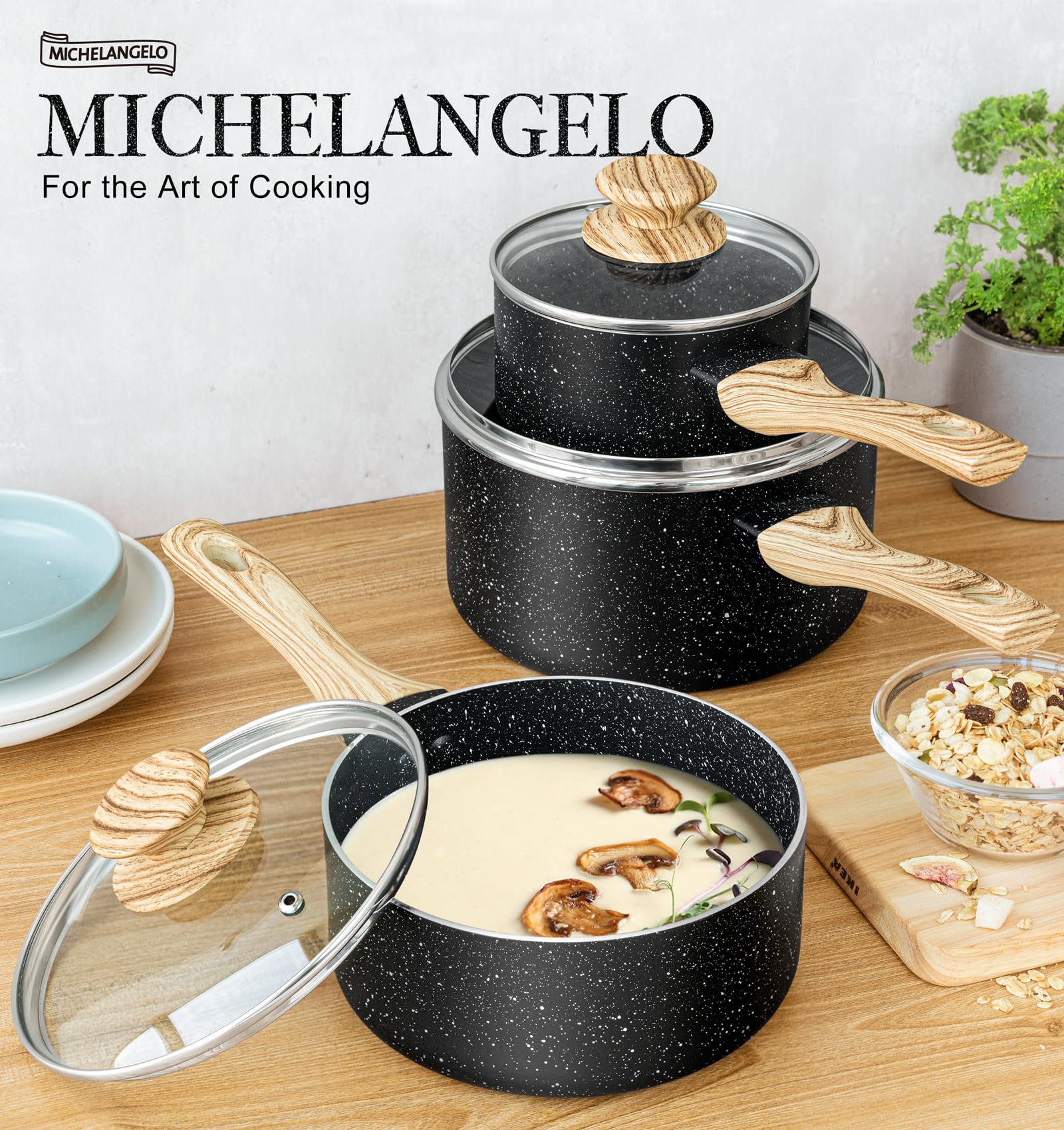 MICHELANGELO 2 Quart Saucepan with Lid,Nonstick Sauce Pan with Lid, Small Pot with Lid, Stone Coating Small Sauce Pan, Ergonomic Bakelite Handle, Black
