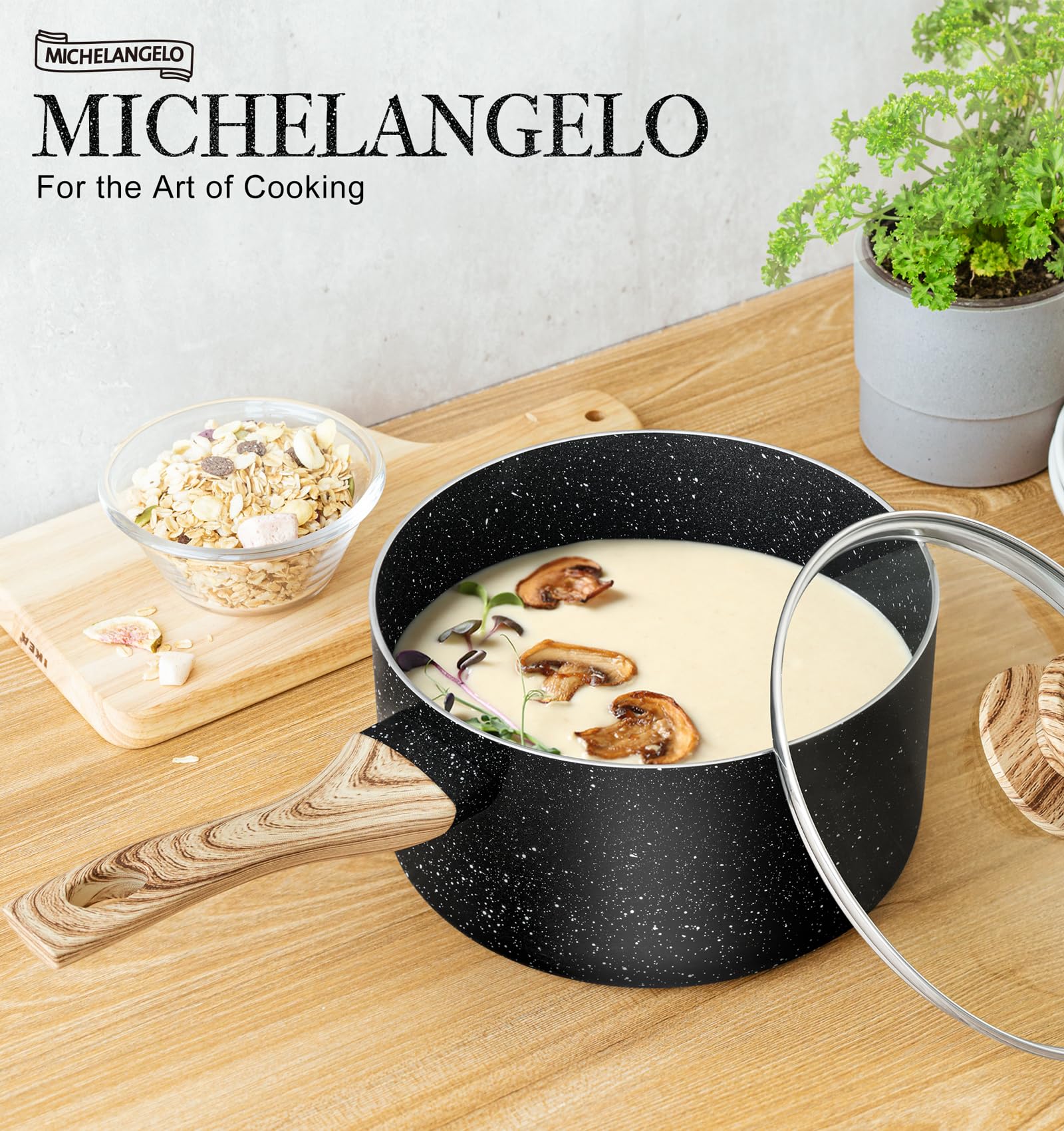 MICHELANGELO 2 Quart Saucepan with Lid,Nonstick Sauce Pan with Lid, Small Pot with Lid, Stone Coating Small Sauce Pan, Ergonomic Bakelite Handle, Black