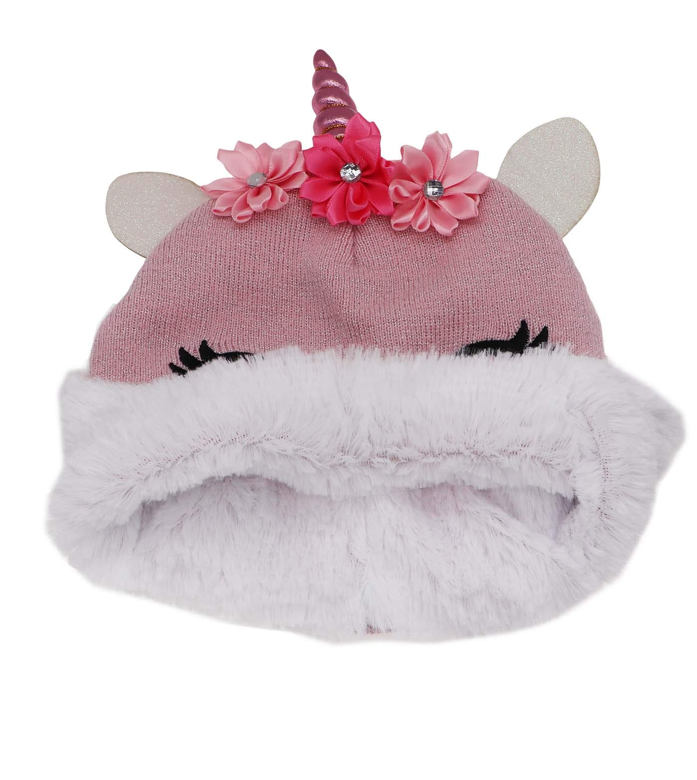 Little Girls Winter Unicorn Beanie Hat and Gloves Set Kids Knitted Earflap Cap Flip Top Mitten Set