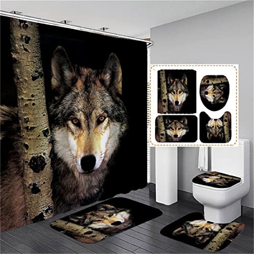 Wolf Shower Curtain 3D Printed, Animal 4Pcs Bathroom Decor Set, with Non-Slip Rug, Toilet Lid Cover and Bath Mat, Durable Waterproof Bath Curtain with 12 Hooks-72" X 78"